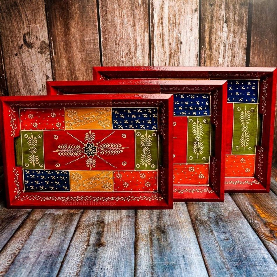 Wooden Serving Tray Set Handcrafted Hand Painted for Kitchen Table Swadeshi Blessings