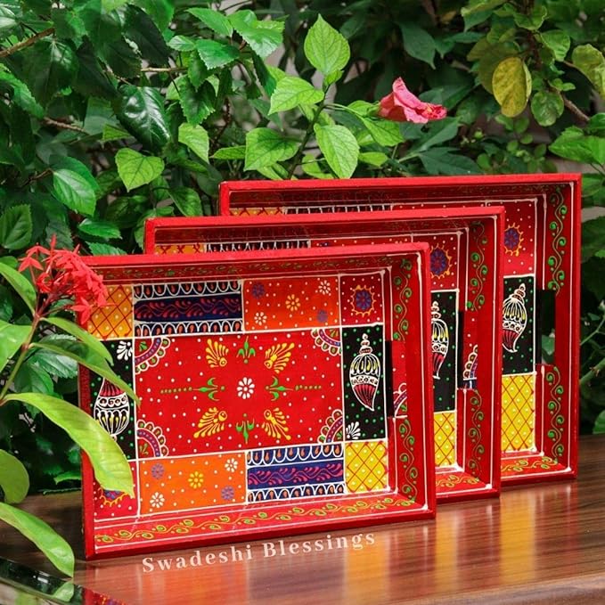 Wooden Serving Tray Set- Handcrafted & Hand-Painted for Kitchen/Table ...